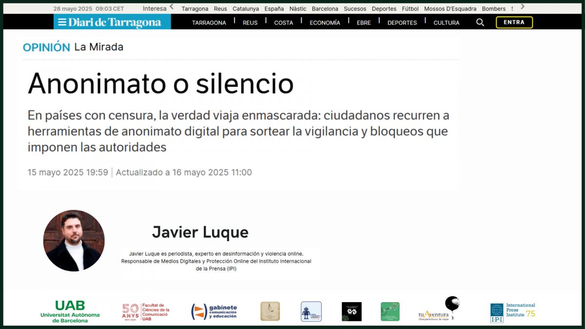 Javier Luque publica un artículo sobre el anonimato y la censura en el ‘Diari de Tarragona ...